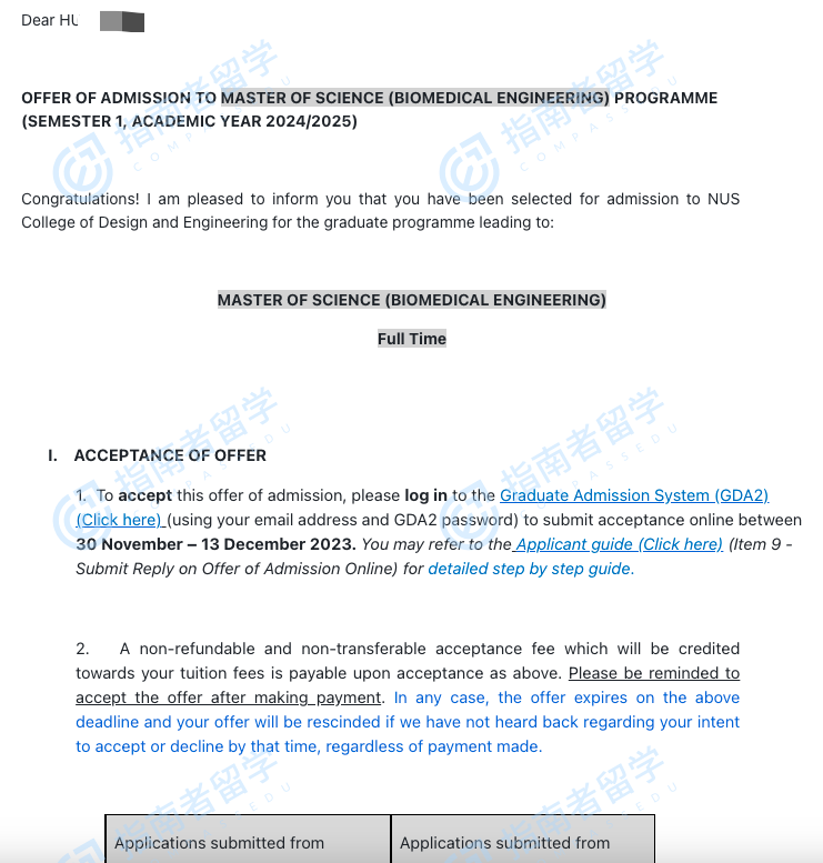 新加坡国立大学生物医学工程理学硕士硕士研究生offer一枚-指南者留学